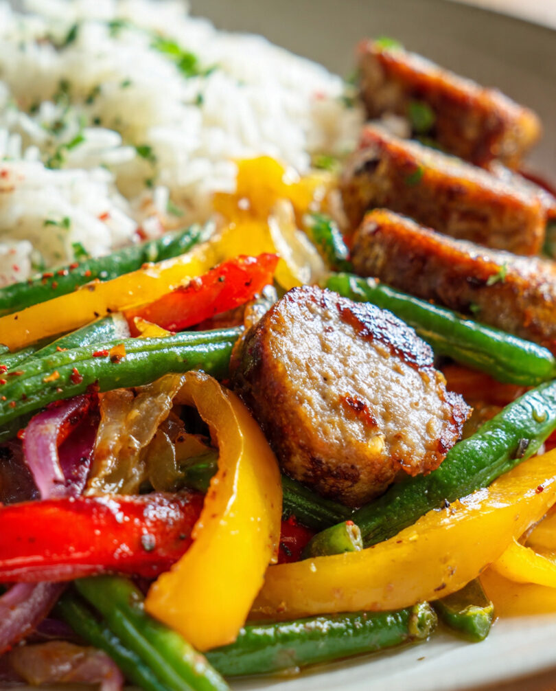 Bunte Gemüsepfanne mit Reis & gebratener Bratwurst – Familiengericht ...